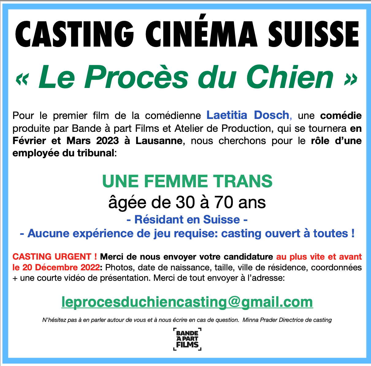 Casting Cinéma « Le Procès du chien » de Laetitia Dosch - ÉPICÈNE